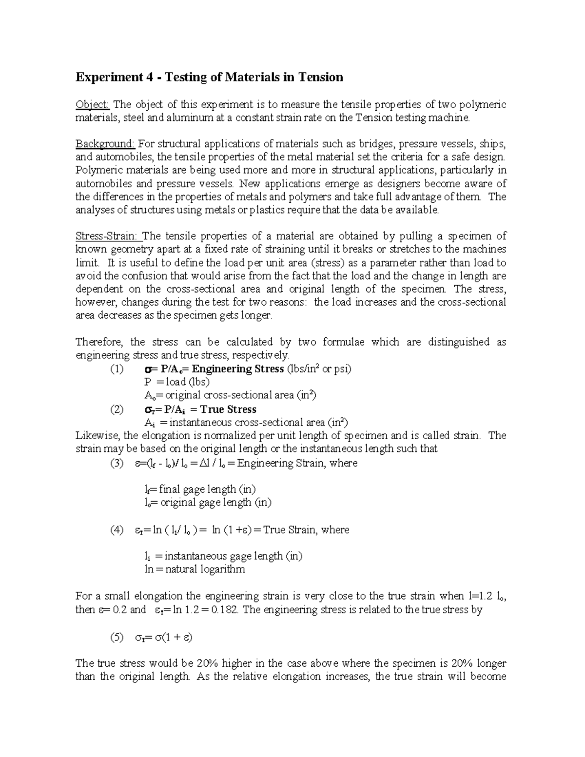 Example Report - Experiment 4 - Testing of Materials in Tension Object ...