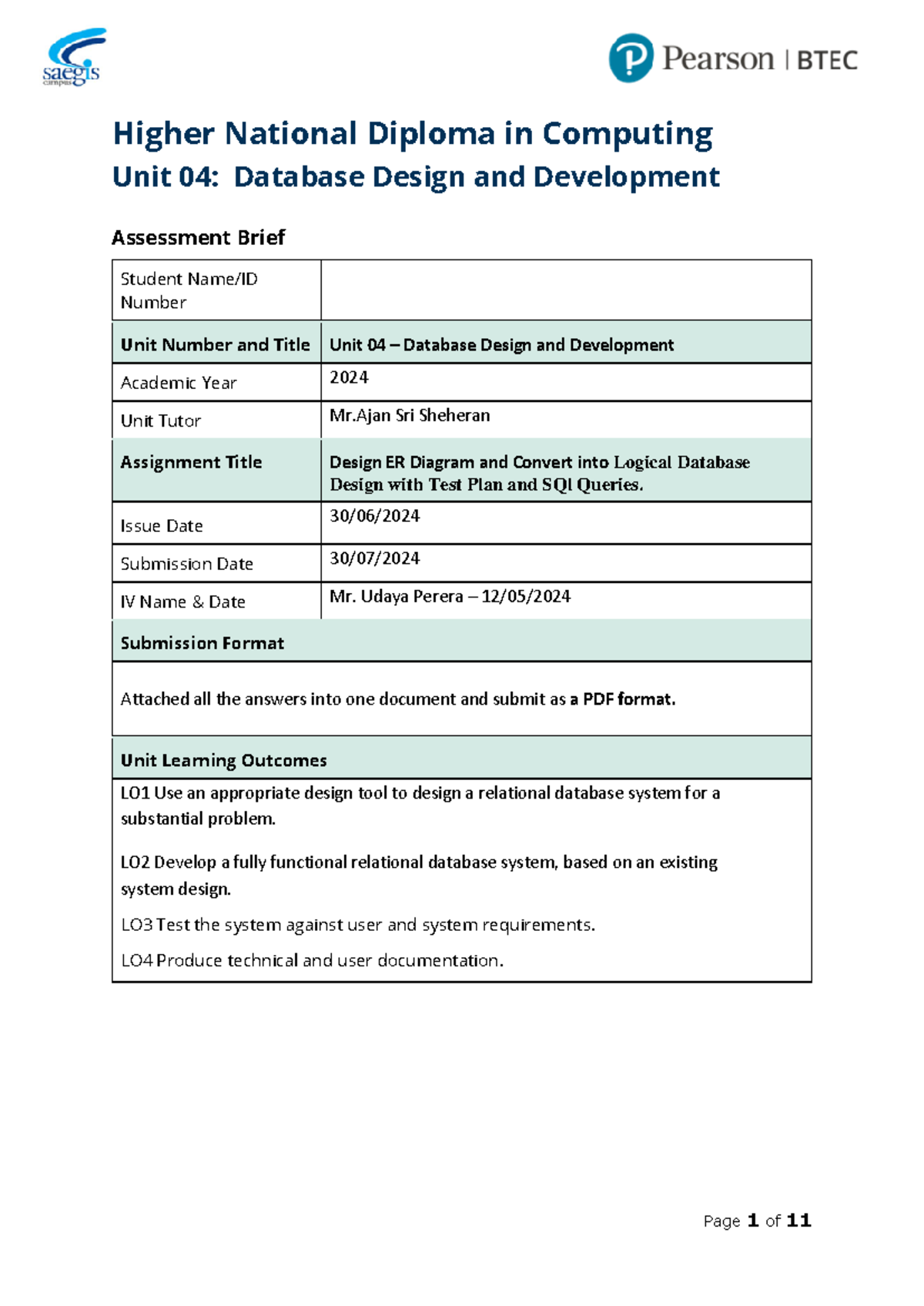 Assignment-Database Design and Development - Higher National Diploma in Computing Unit 04 ...