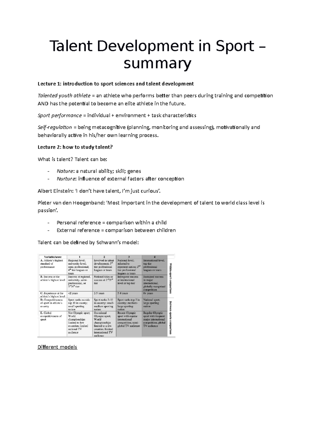 Talent Develoment summary - Talent Development in Sport – summary ...