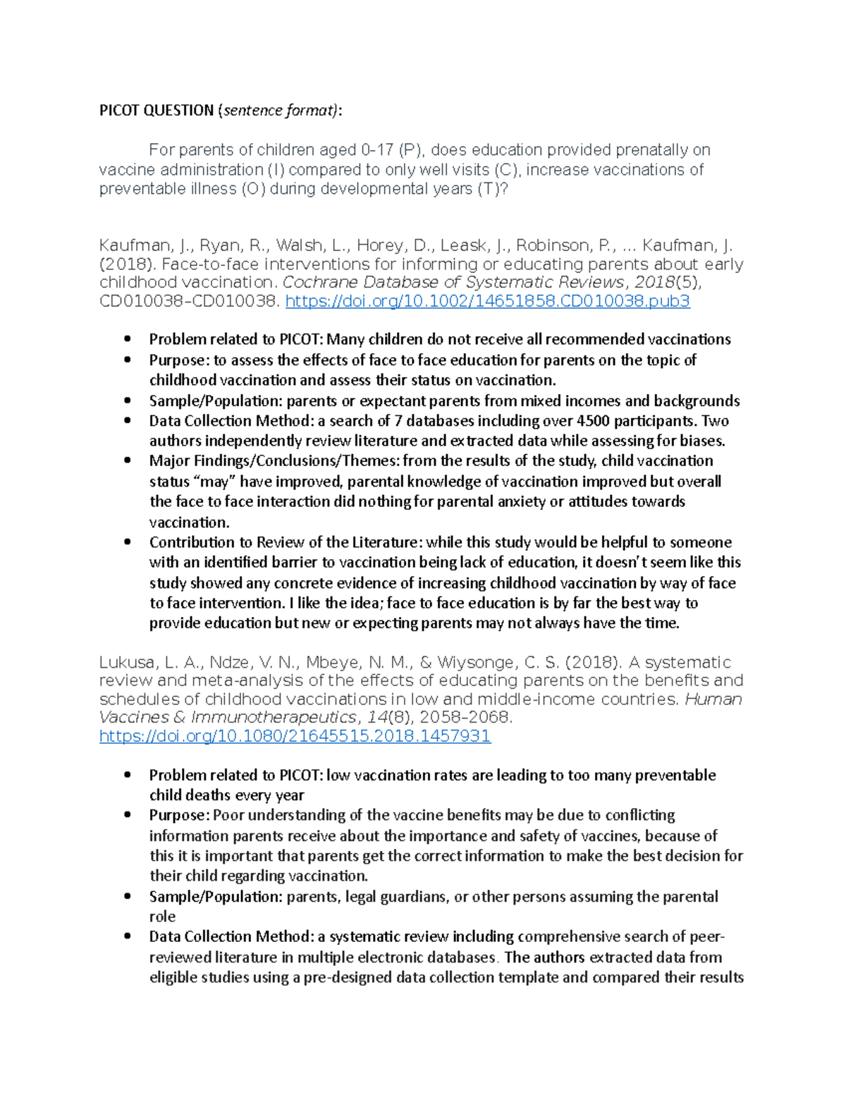 Picot research summary - PICOT QUESTION (sentence format): For parents ...