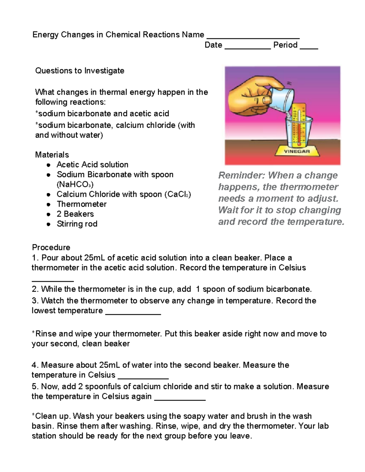 Revised Endo Exo Lab - Energy Changes in Chemical Reactions Name ...
