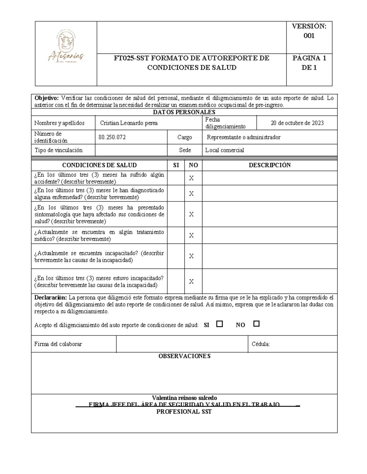 FT025-SST Formato de autoreporte de condiciones de salud - VERSIÓN: 001 FT025-SST FORMATO DE ...