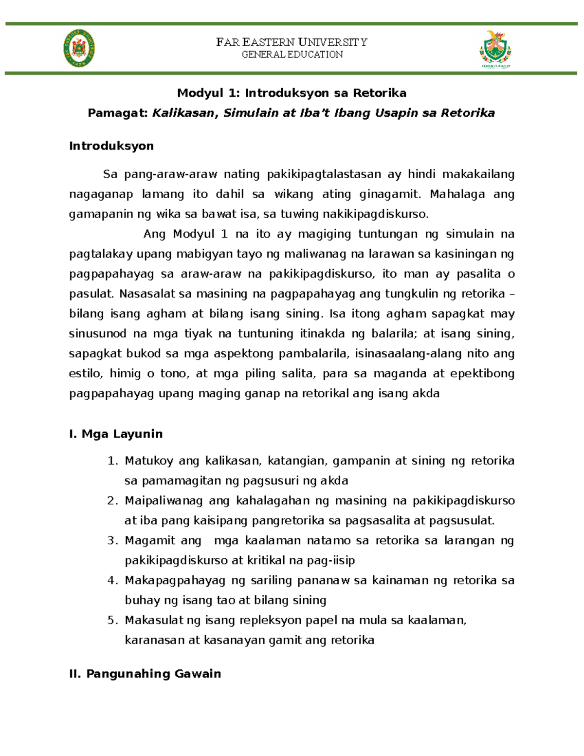 Modyul 1 - Panimula sa Retorika - GENERAL EDUCATION Modyul 1 ...