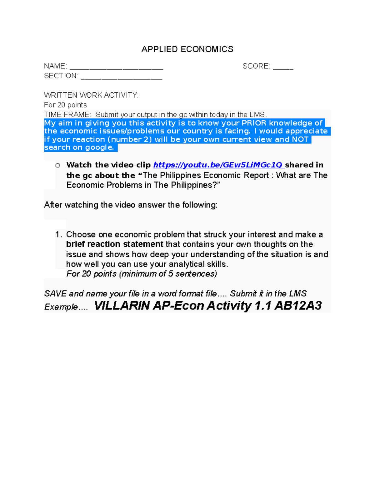 AP Econ Activity 1 - Economics - APPLIED ECONOMICS NAME ...