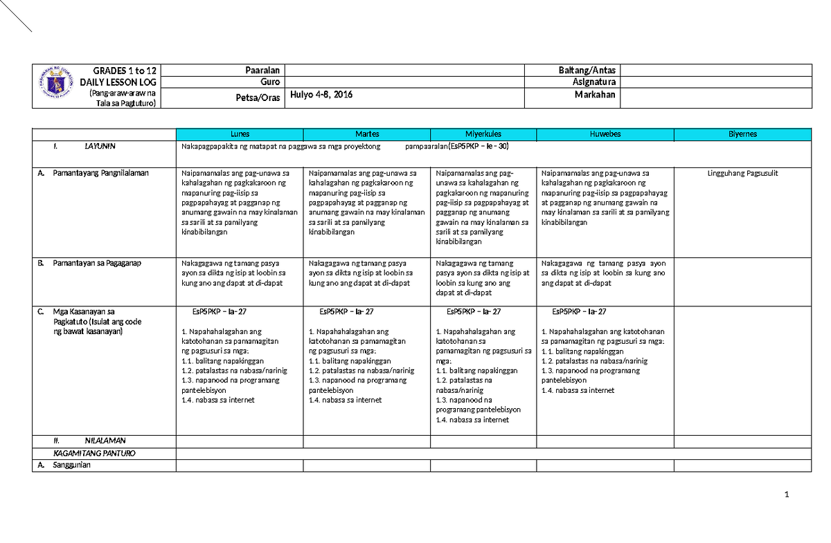 Pdfcoffee.com grade-5-esp-dll-whole-year-grade-5-pdf-free - GRADES 1 to ...