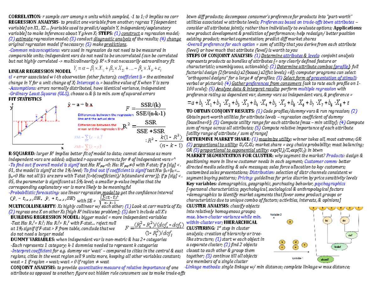 Mktg 212 quiz 2 cheat sheet - CORRELATION: r sample corr among n units ...