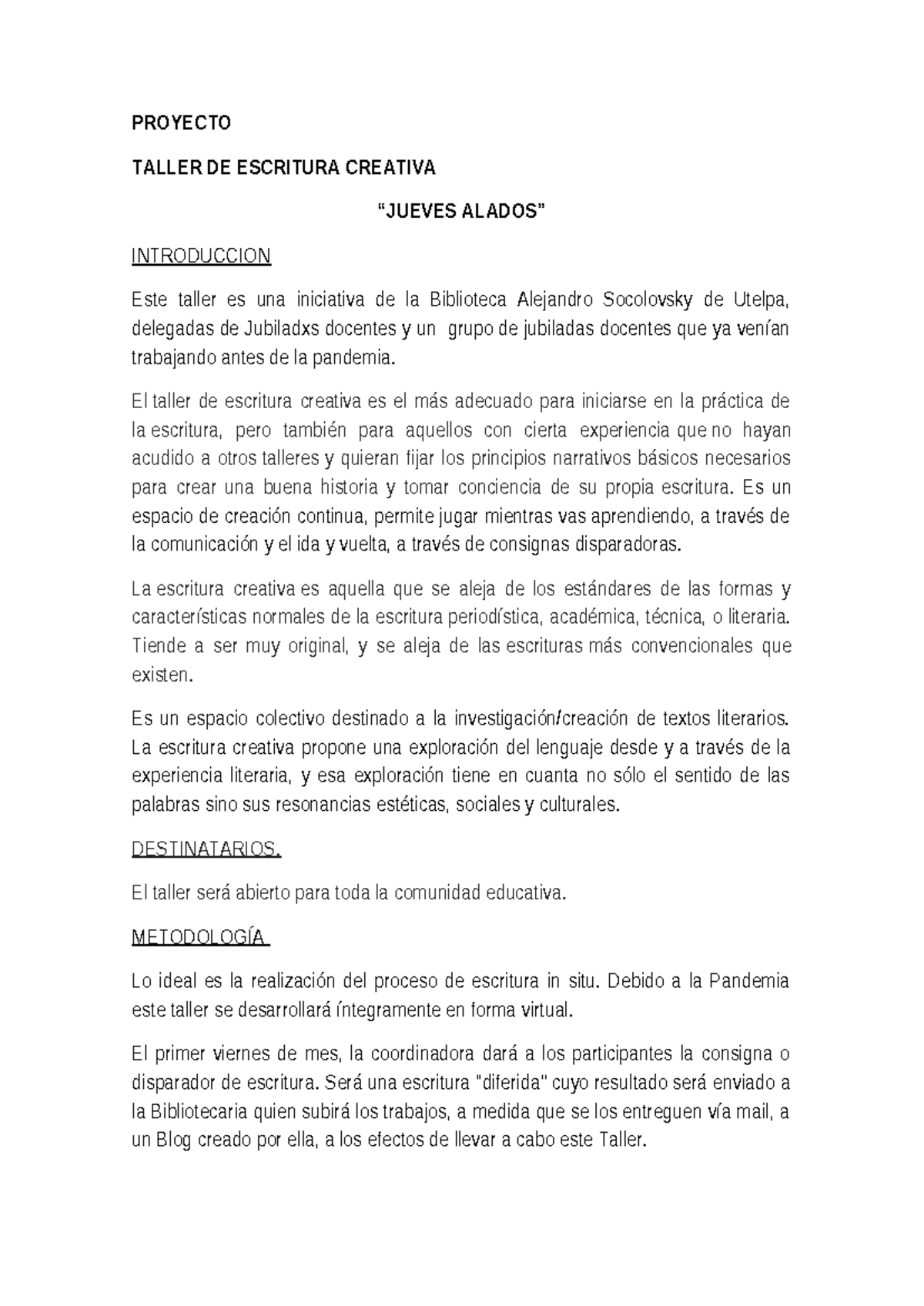 Proyecto de escritura creativa 2021 - PROYECTO TALLER DE ESCRITURA ...