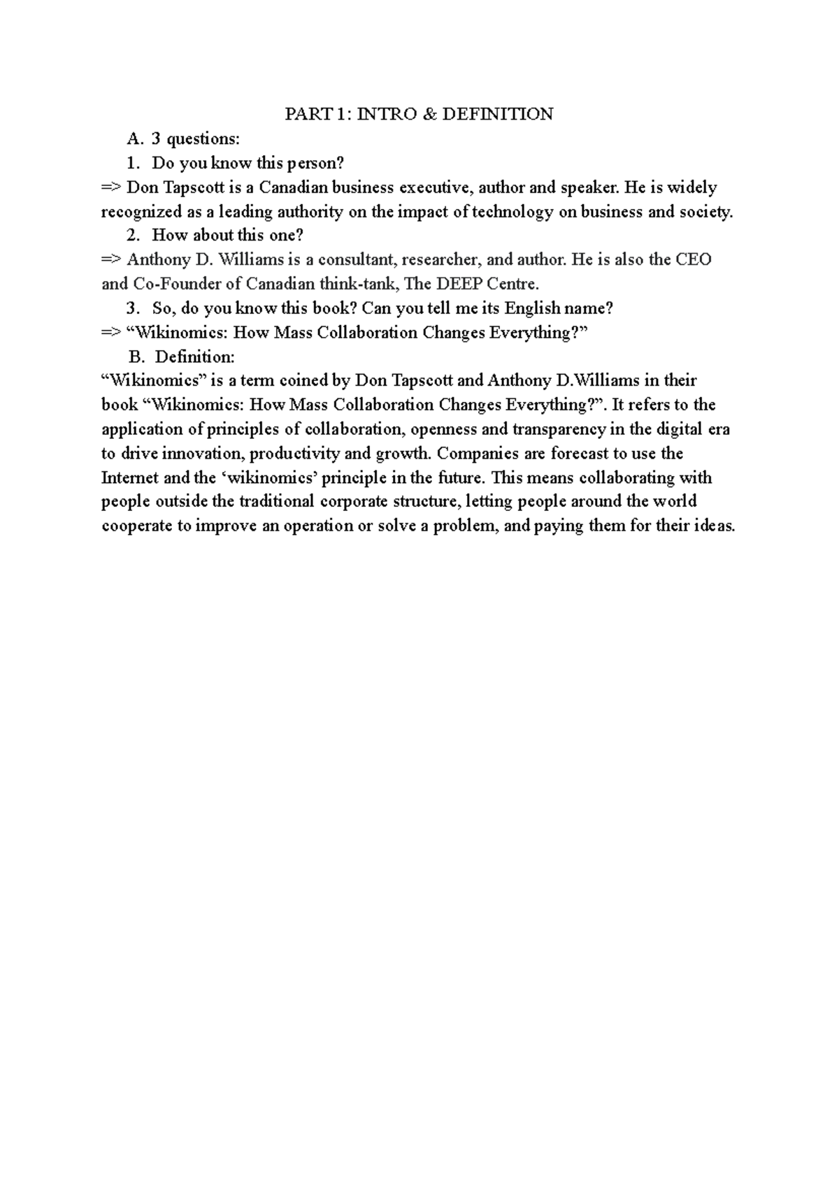 Part 1 Definition - PART 1: INTRO & DEFINITION A. 3 questions: 1. Do ...