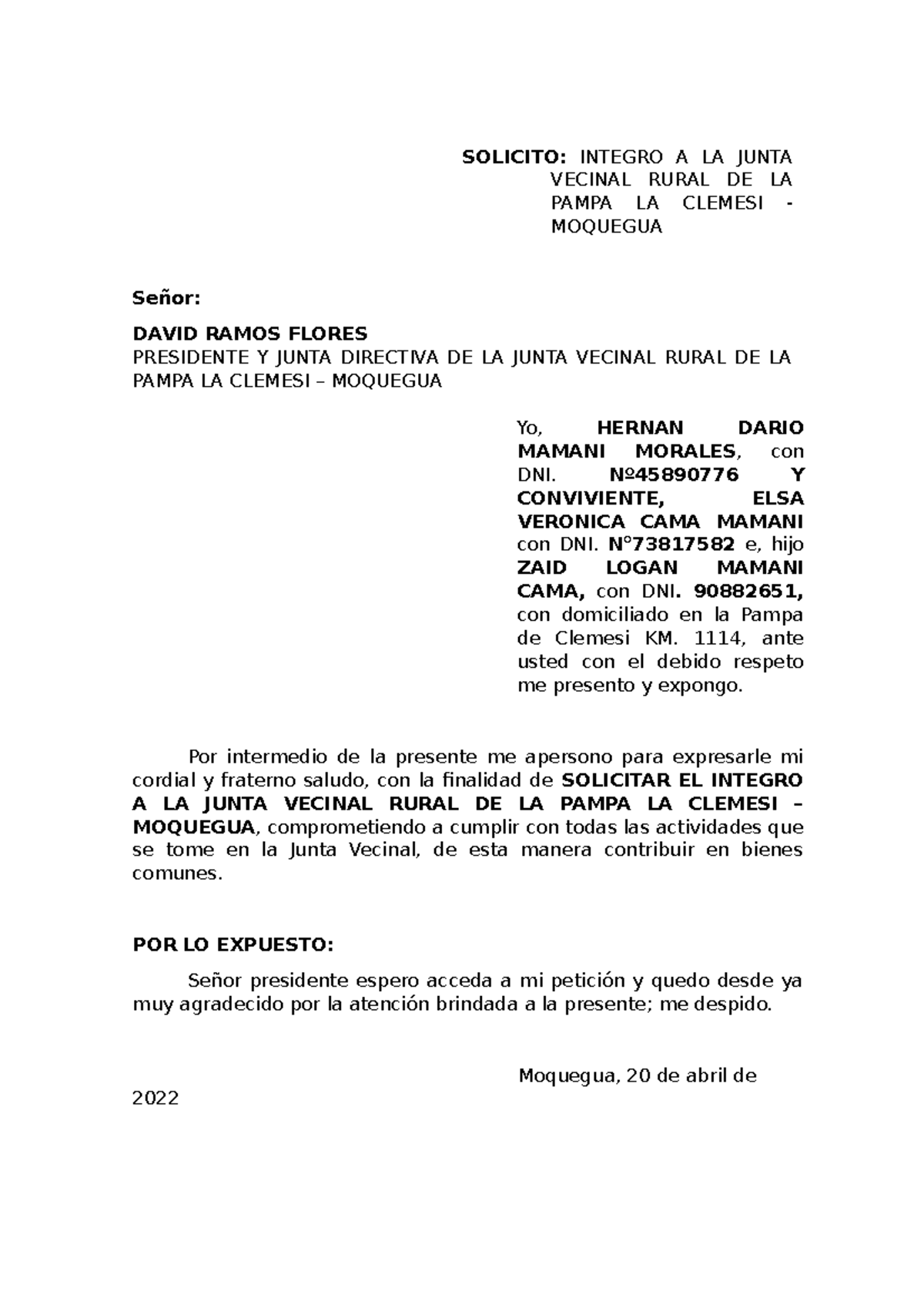 . Solicitud Junta Vecinal h Hernan Dario - SOLICITO: INTEGRO A LA JUNTA VECINAL RURAL DE LA ...