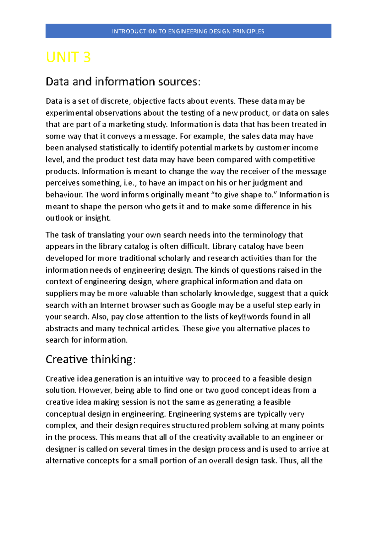 IEDP UNIT 3 introduction to engineering design principle - UNIT 3 Data ...