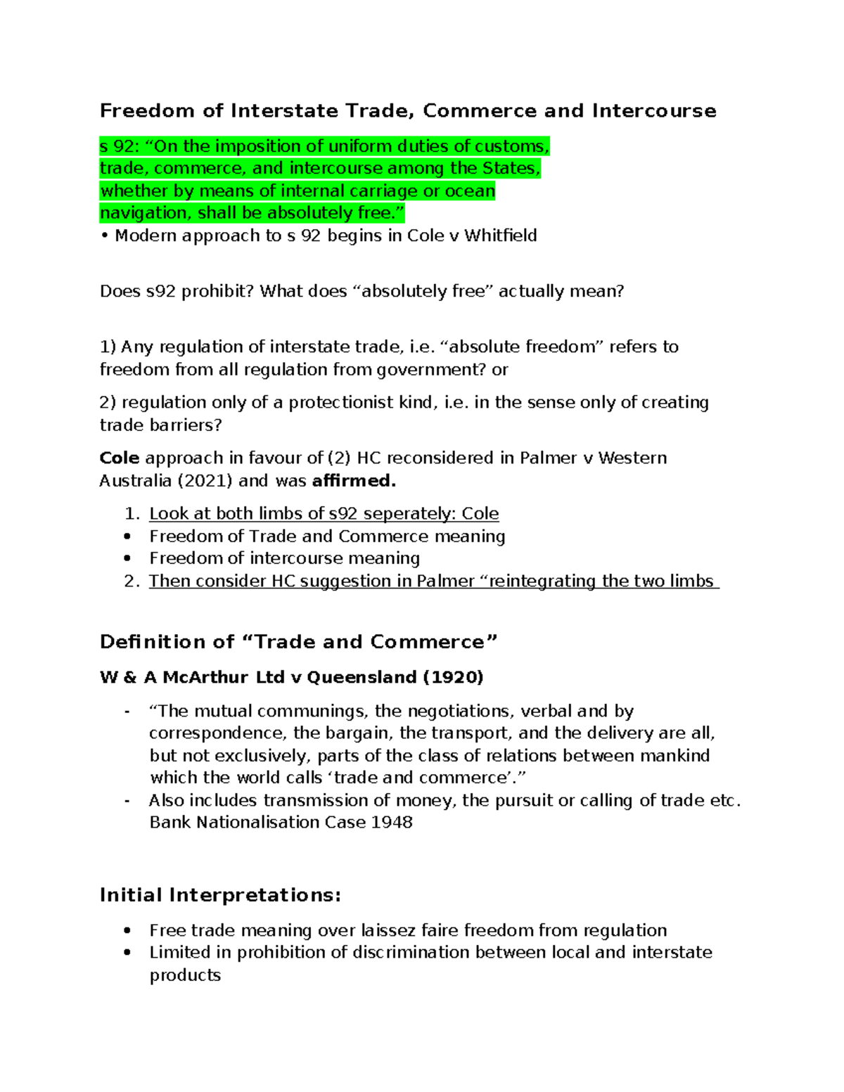 Week 11 Con Law - Lecture notes on freedom on interstate trade ...