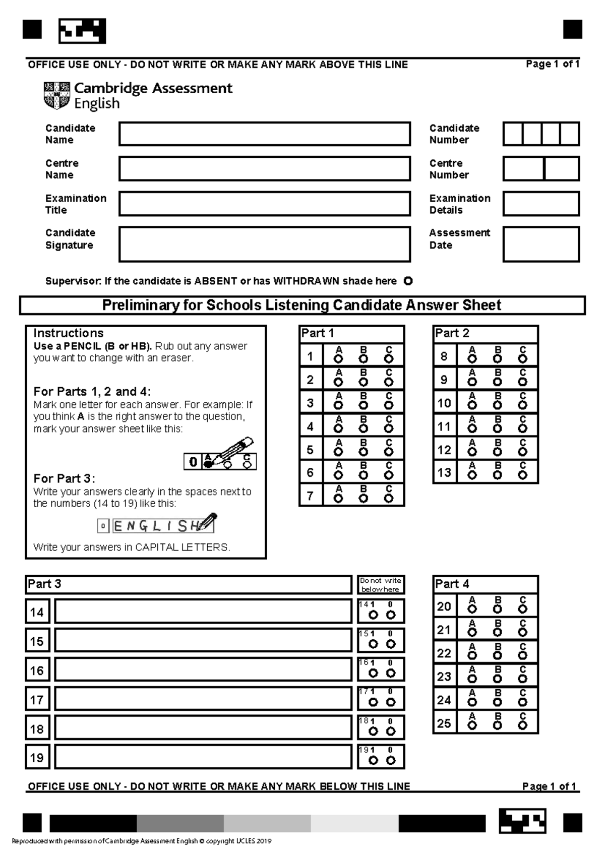 Answer Sheet Listening B1 - Reproduced with permission of Cambridge ...