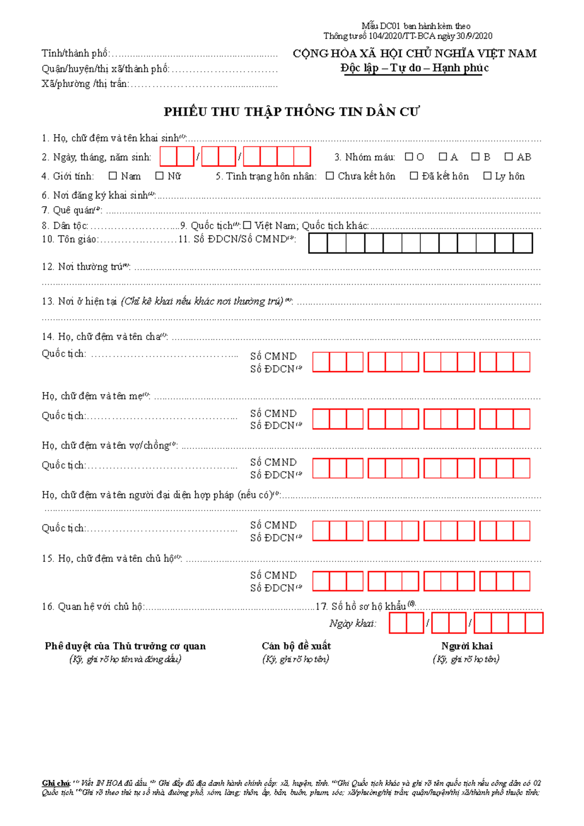 Mẫu DC01 - TT109 - 2020 - To khai du lieu dan cu - Mẫu DC01 ban hành ...