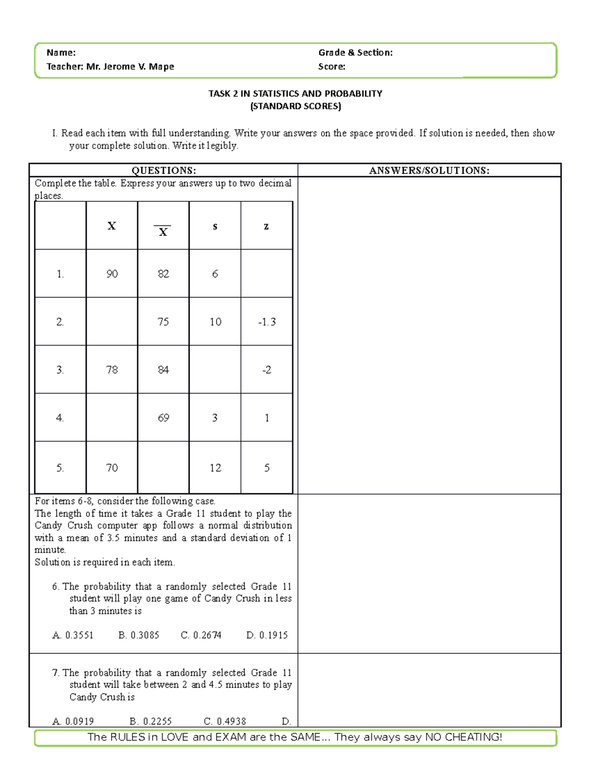 TASK 2 STAT. AND PROB - TASK 2 IN STATISTICS AND PROBABILITY (STANDARD ...