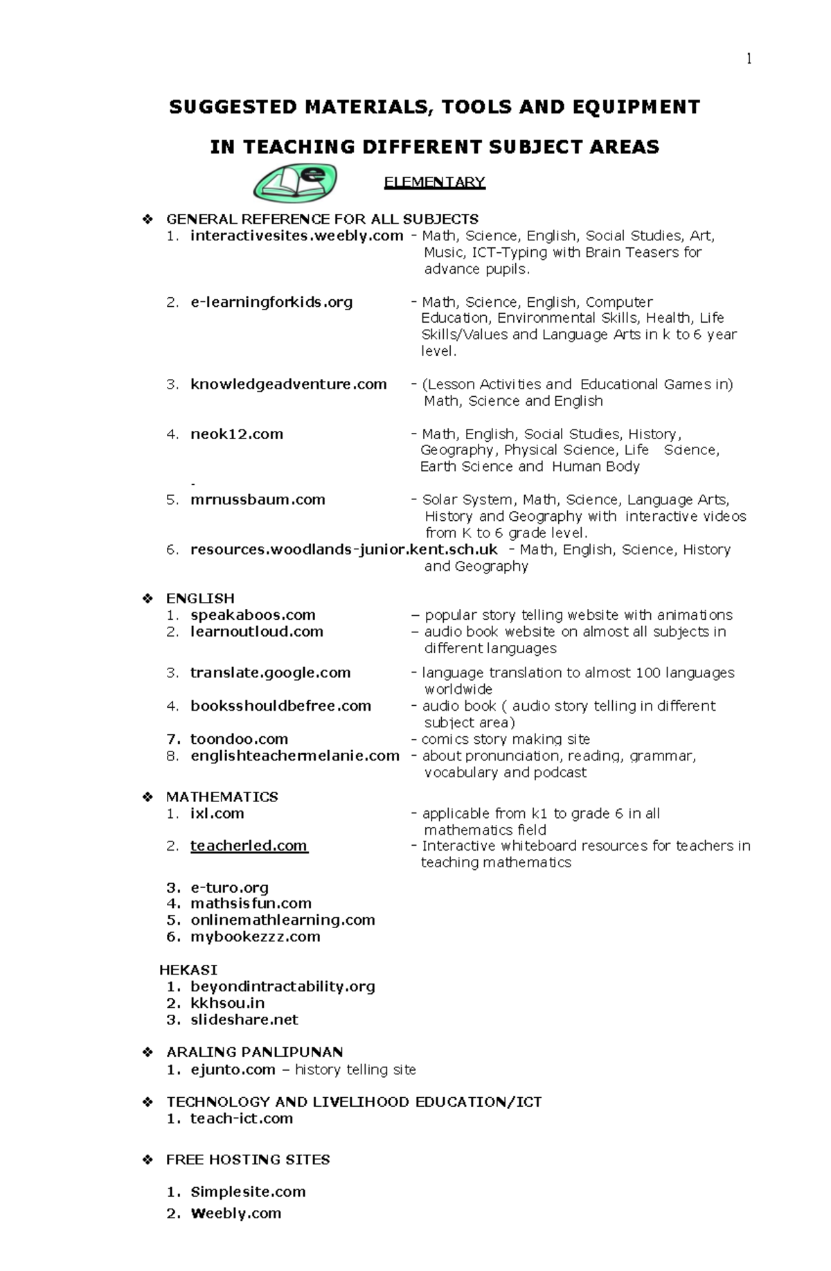 Instructional materials - SUGGESTED MATERIALS, TOOLS AND EQUIPMENT IN ...