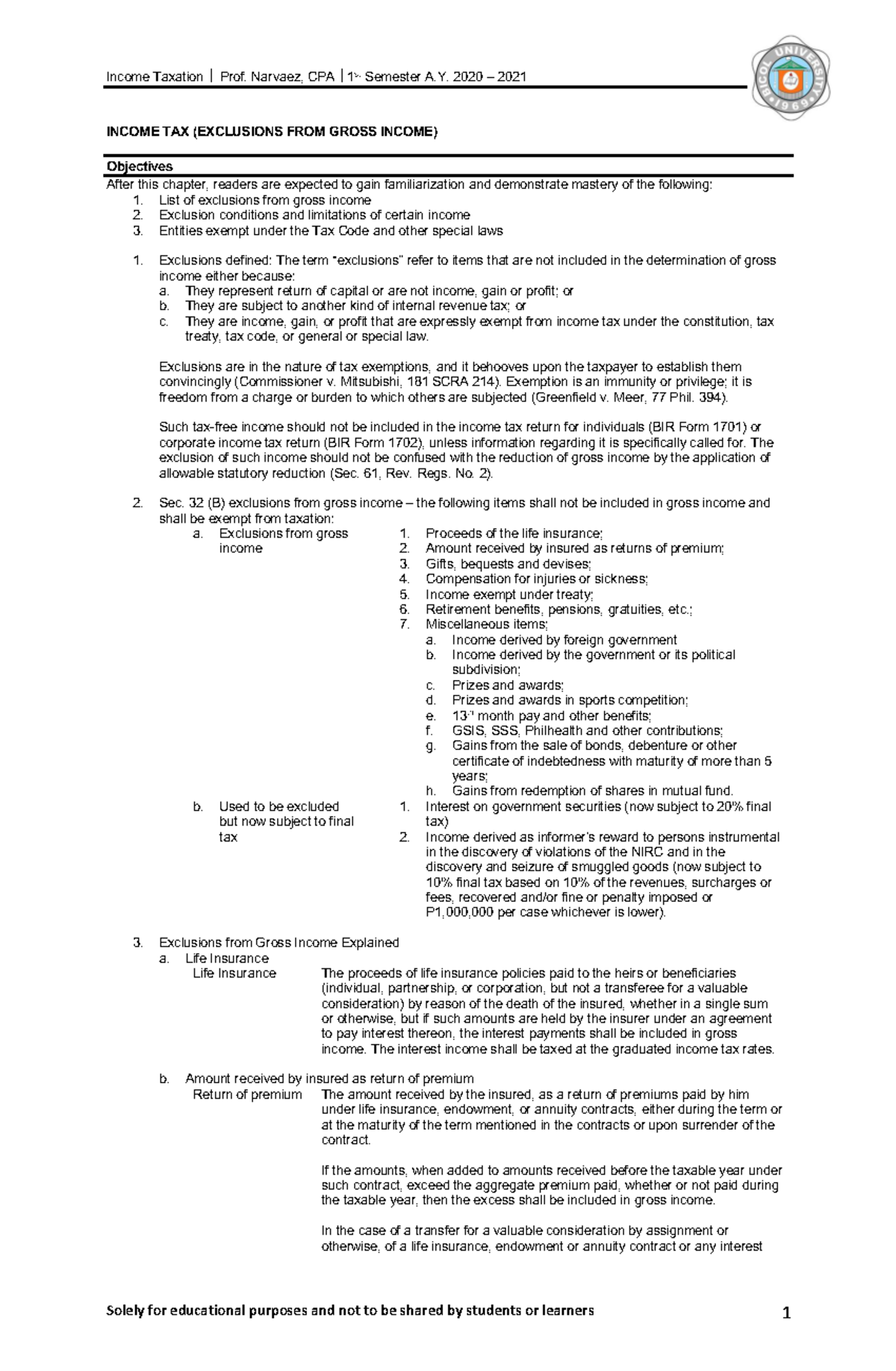 5 Income TAX Exclusions FROM Gross Income - INCOME TAX (EXCLUSIONS FROM ...