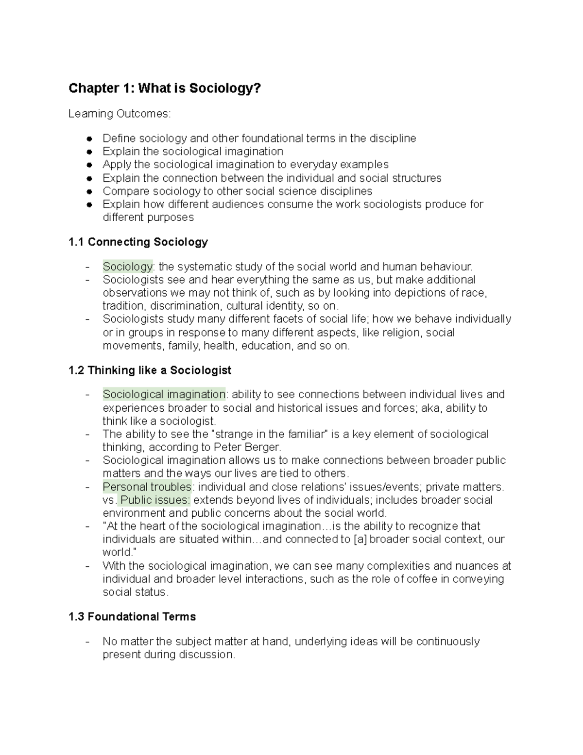 SOC100 reading + lecture notes - Chapter 1: What is Sociology? Learning ...