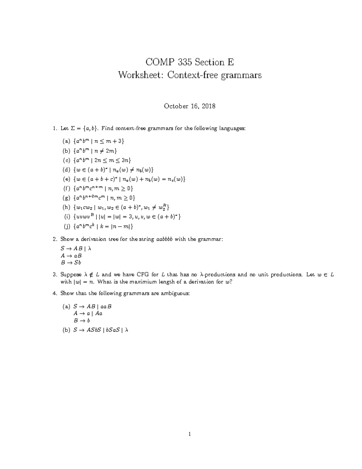 Worksheet-cfg - context free grammar practice exercises - COMP 335 Section E Worksheet: grammars ...