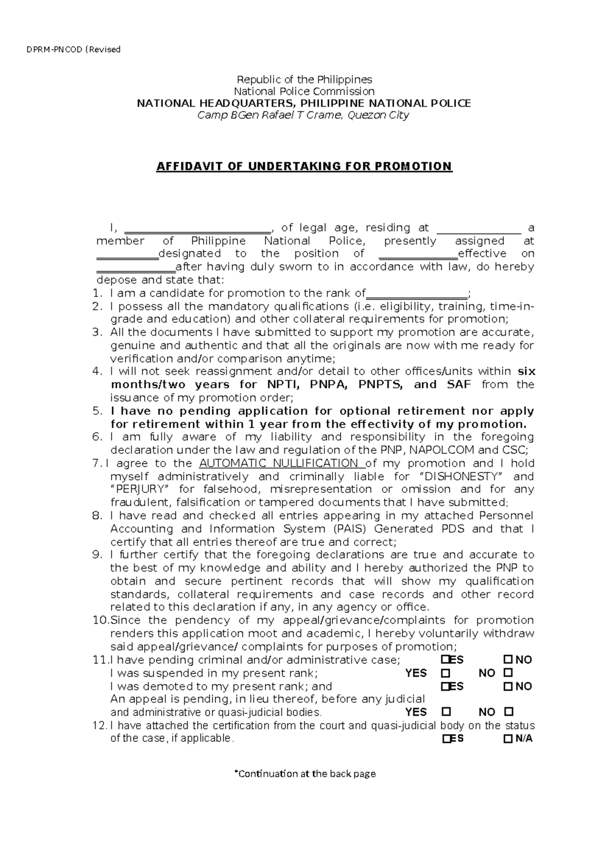 Affidavit of Undertaking for Promotion 2021( Back to Back ) - DPRM ...