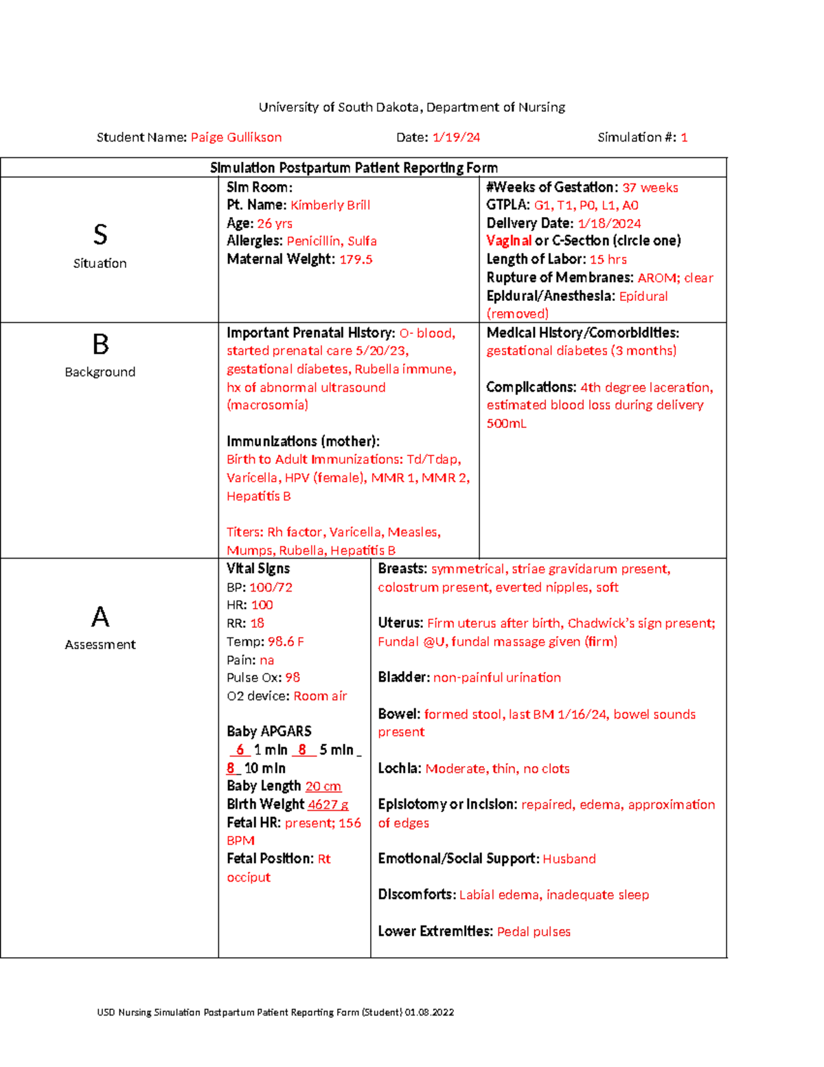 N331 Sim Prep 1 Repro (Postpartum) Report Form - University of South ...