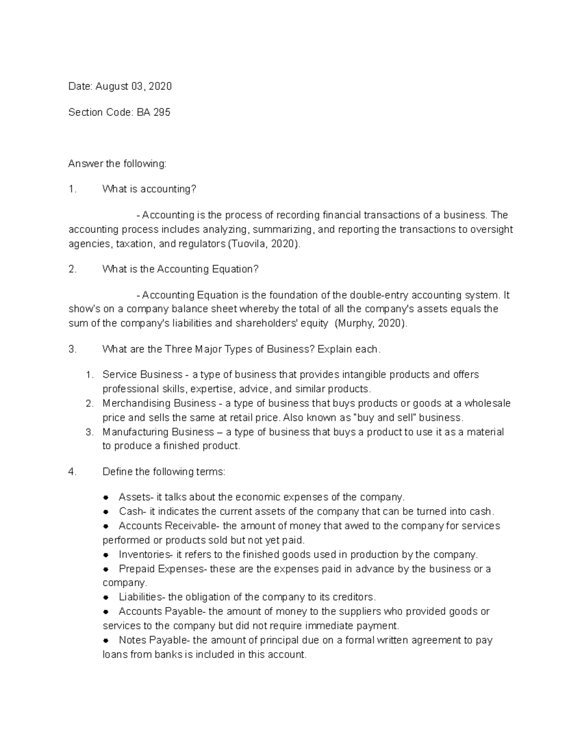 Activity 1 - Accounting titles - Date: August 03, 2020 Section Code: BA ...