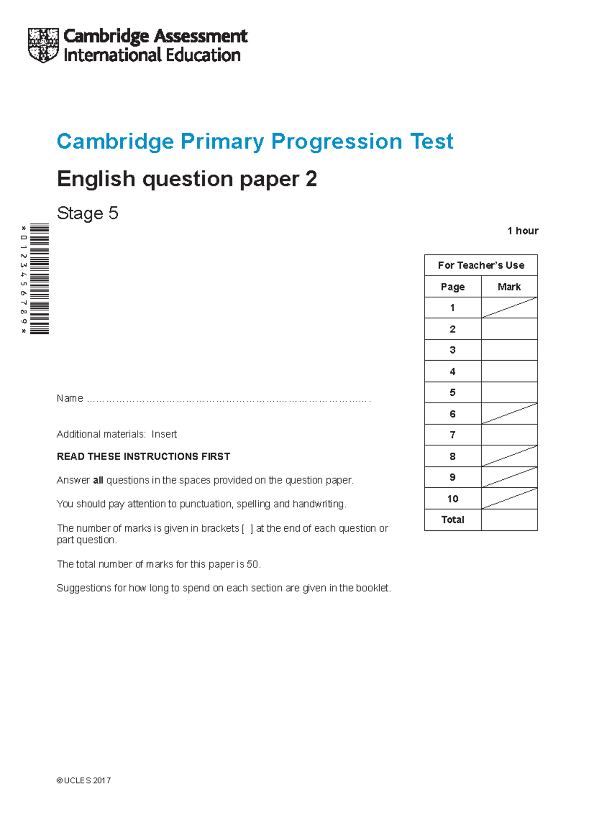 2018 Paper 2 Questions - Additional - © UCLES 2017 Cambridge Primary ...