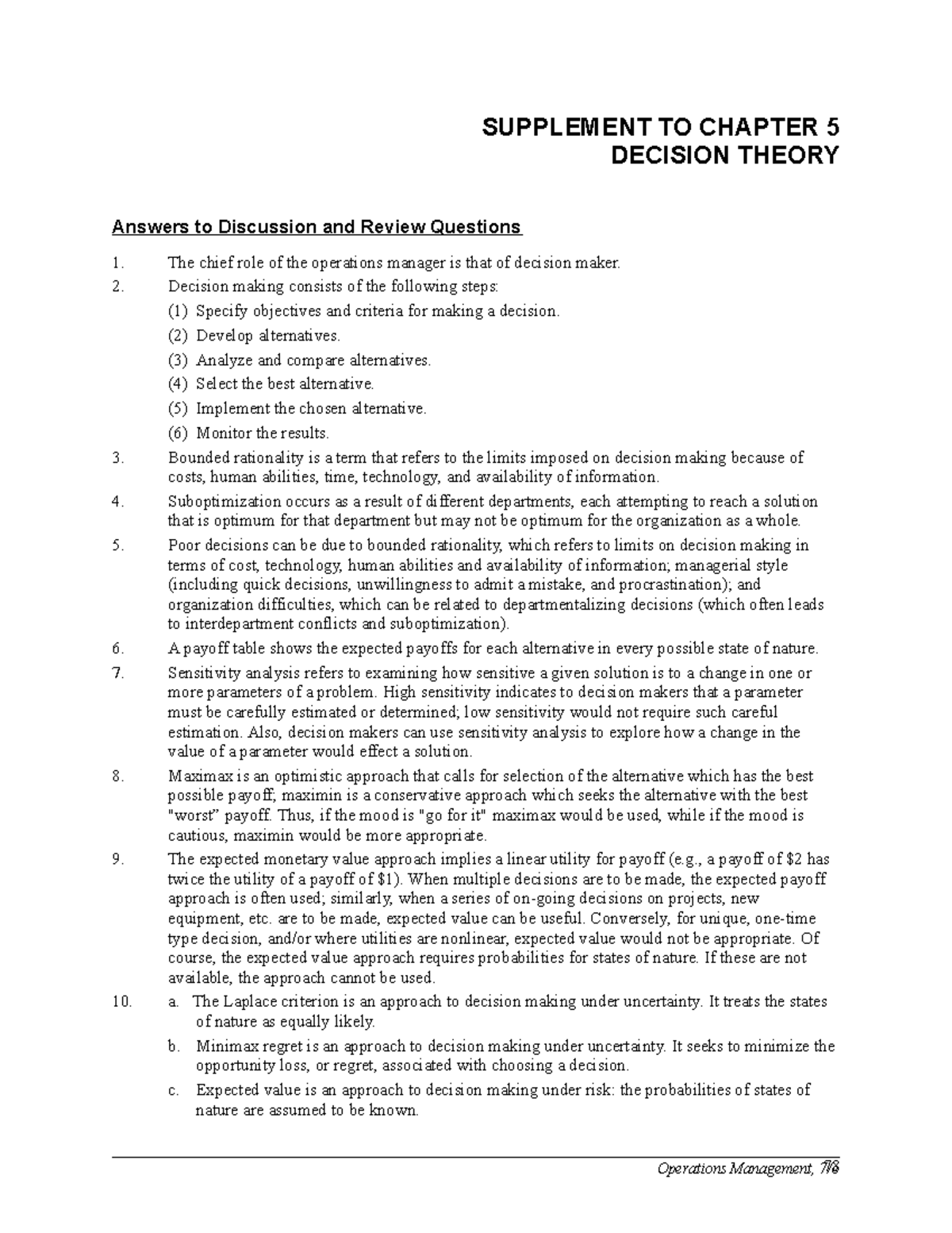 Chap05ssoln - SUPPLEMENT TO CHAPTER 5 DECISION THEORY Answers to Discussion and Review Questions ...