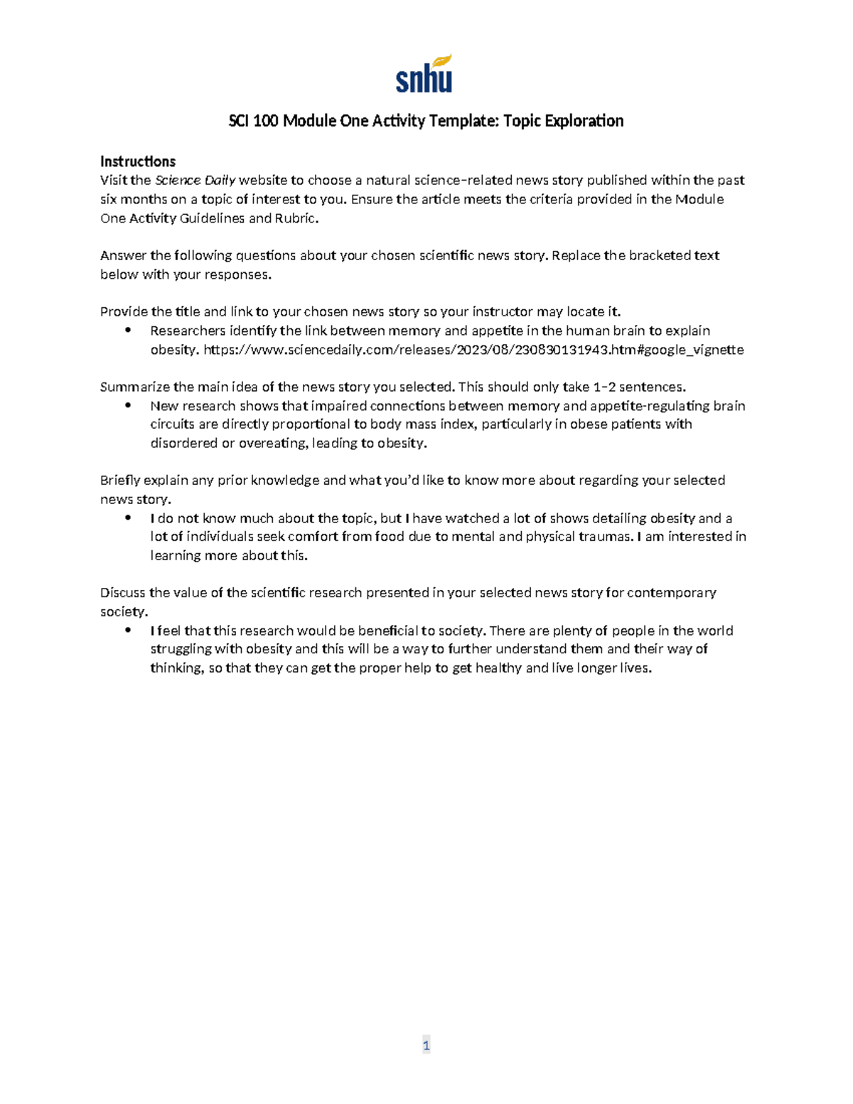 SCI 100 Module One Activity - Ensure the article meets the criteria ...
