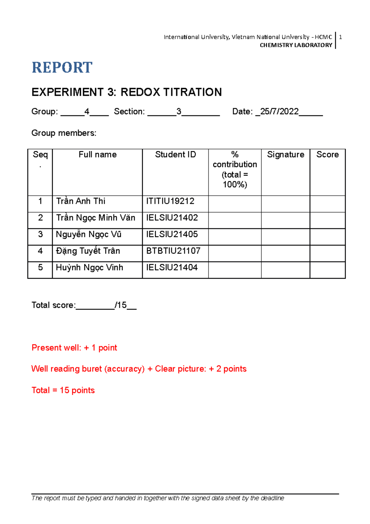 Reprt 3 - Material - CHEMISTRY LABORATORY REPORT EXPERIMENT 3: REDOX ...