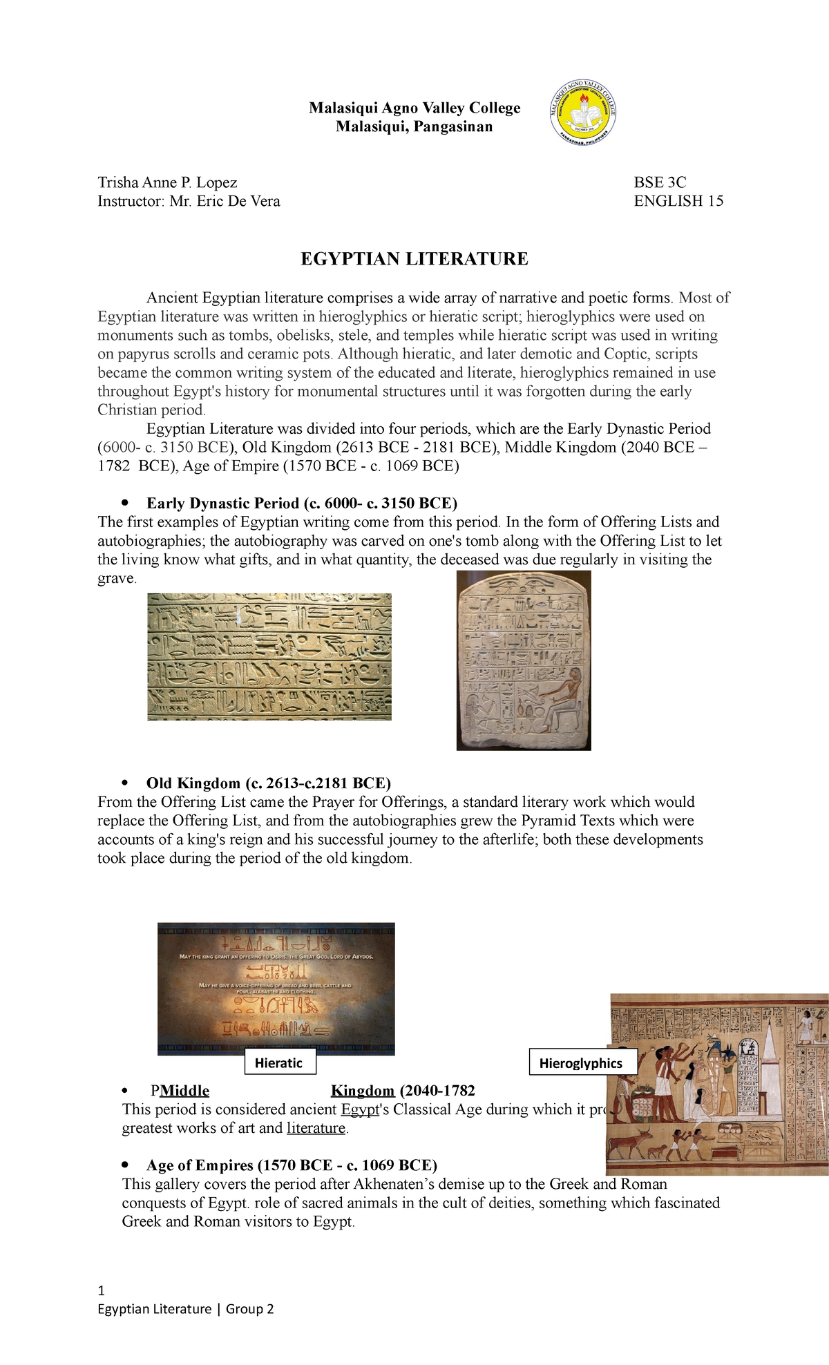 Egyptian Literature - Written Report - Malasiqui Agno Valley College ...