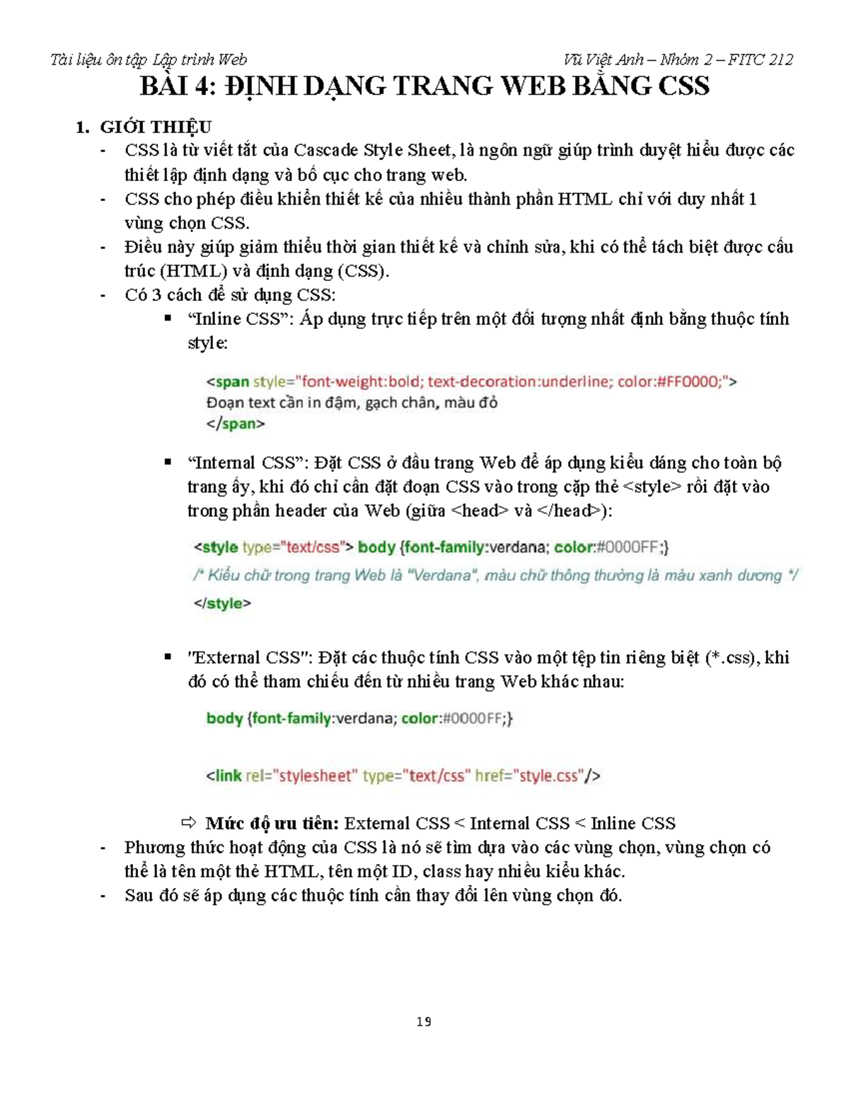 BUỔI 3 - linh tinh - BÀI 4: ĐỊNH DẠNG TRANG WEB BẰNG CSS 1. GIỚI THIỆU ...