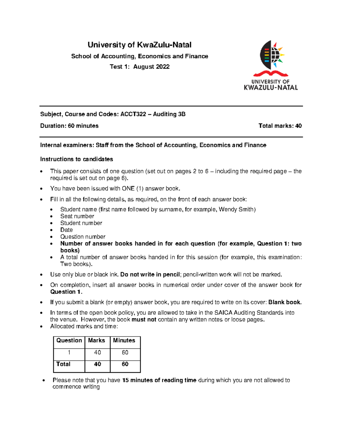 Auditing 3B Assessment 1 - 2022 - Full paper - University of KwaZulu-Natal School of Accounting ...