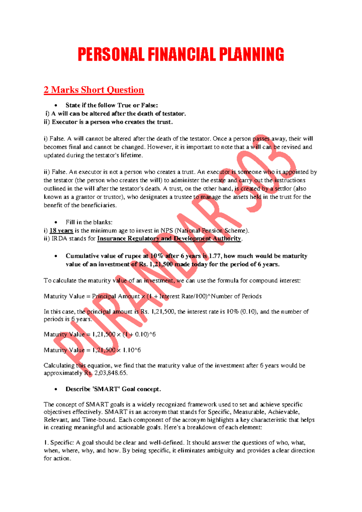 Personal Financial Planning Important Question - PERSONAL FINANCIAL ...