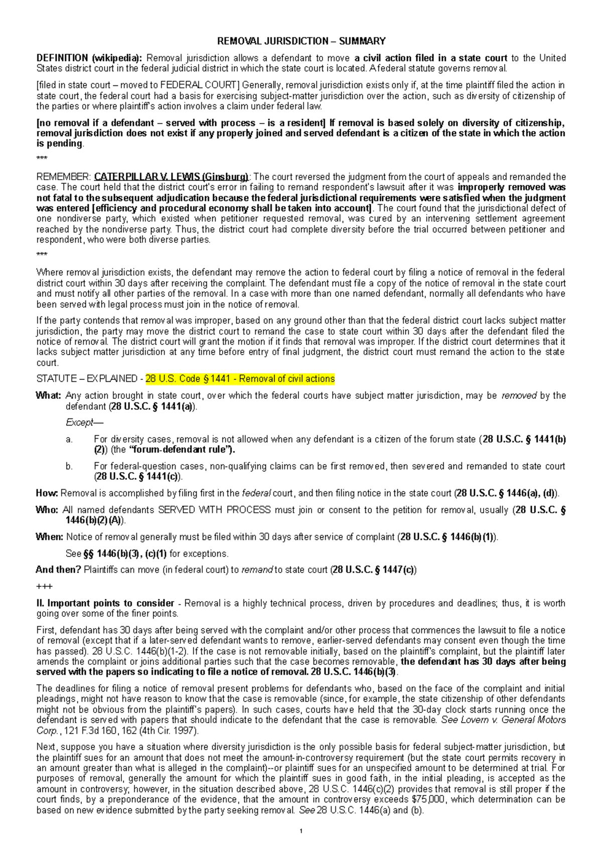 Removal + Remand (includes caterpillar) - REMOVAL JURISDICTION ...