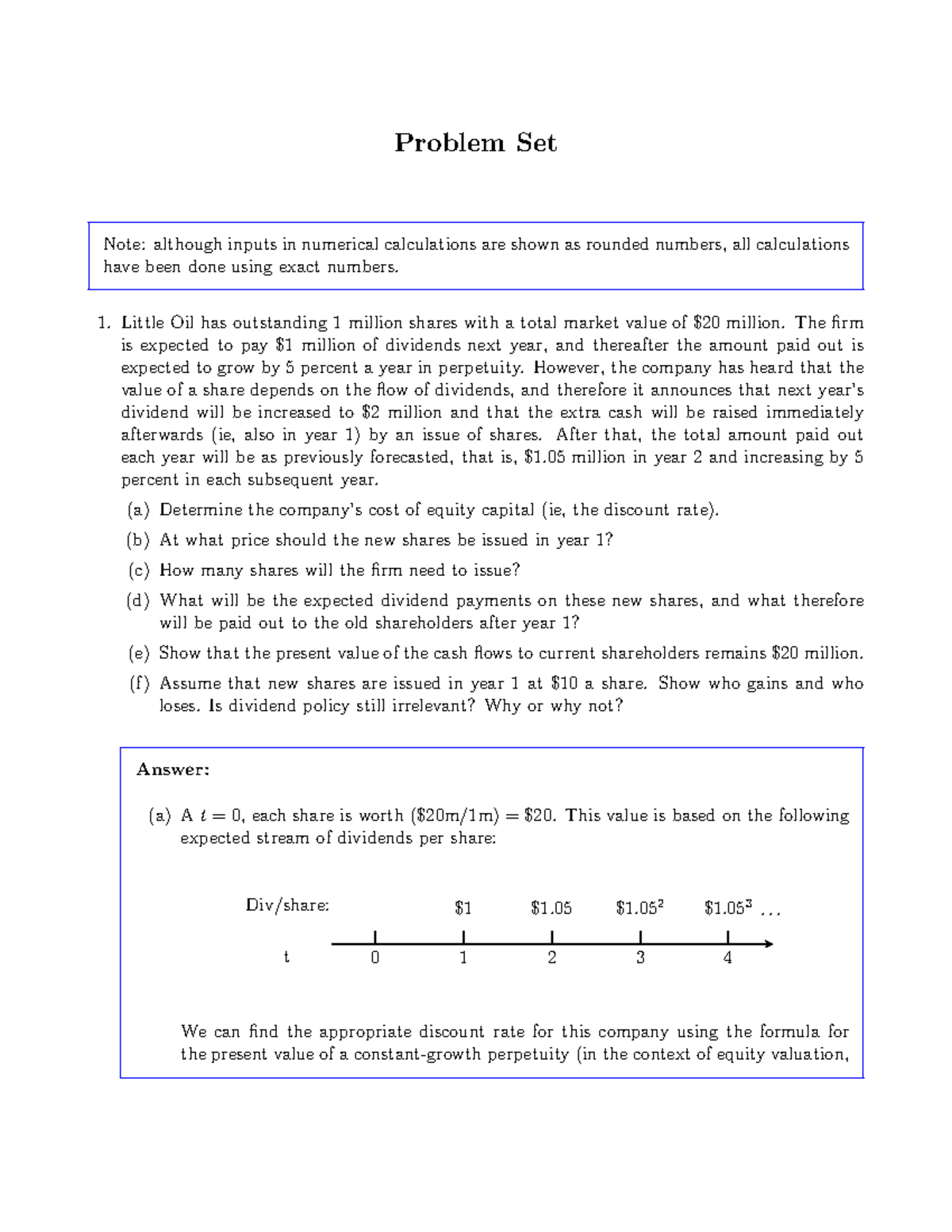 FN2191_3.1 payout policy problem set solutions - Problem Set Note: although inputs in numerical ...