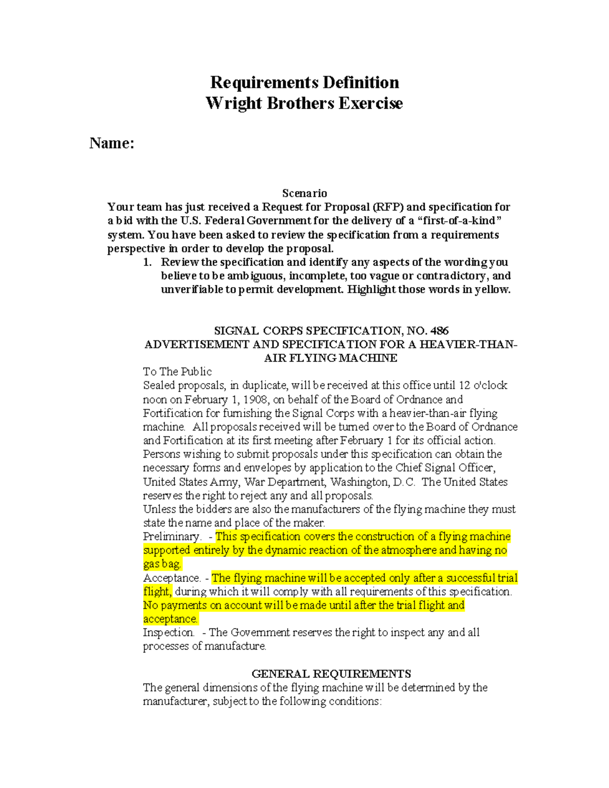 3.1 Chapter 4 Wright Brothers Exercise - Requirements Definition Wright ...