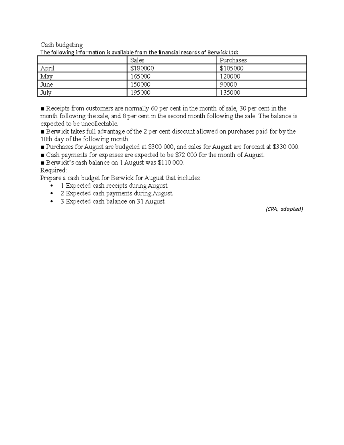 Cash budgeting example - Management Accounting - Cash budgeting The ...