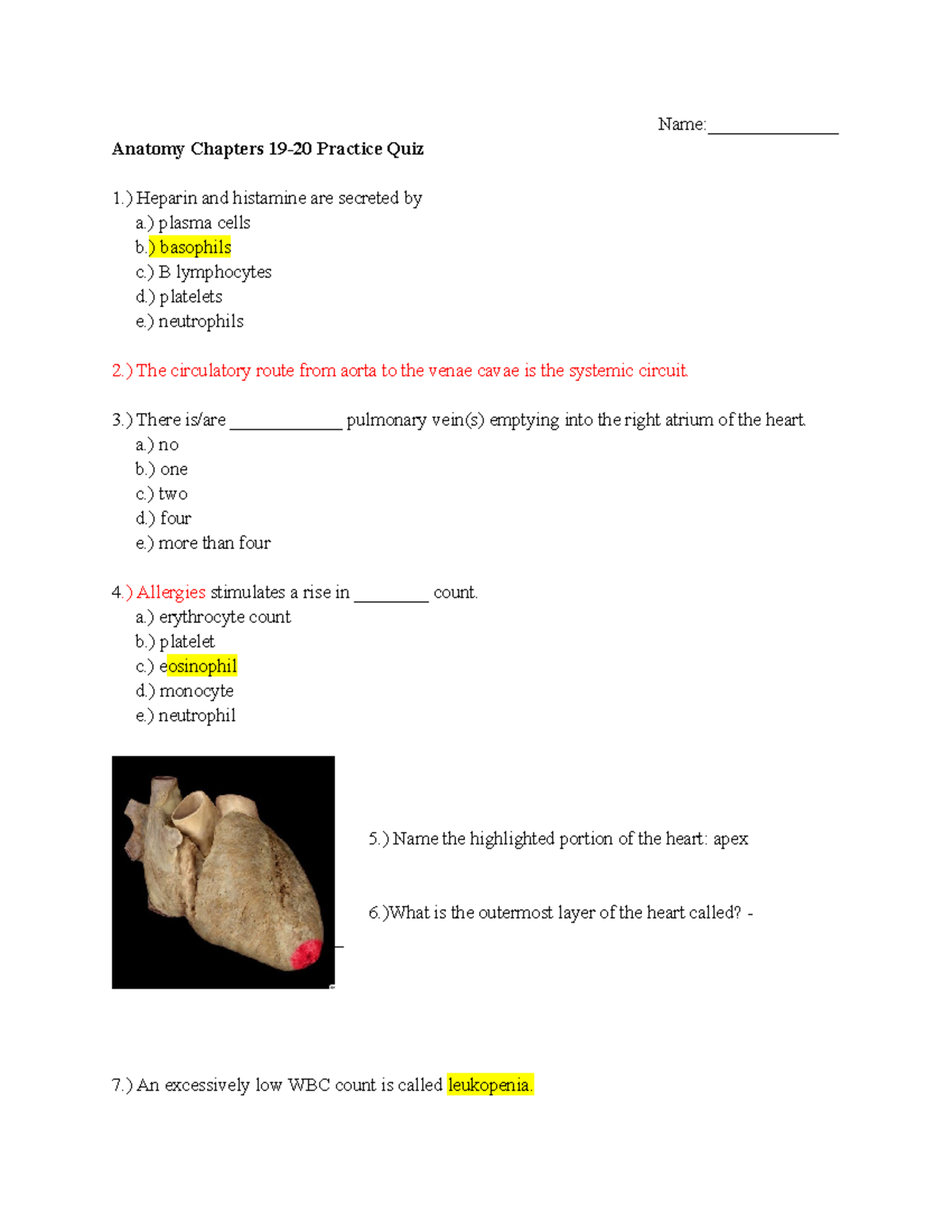 Anatomy Chapters 19-20 Practice Quiz - Name:______________ Anatomy ...