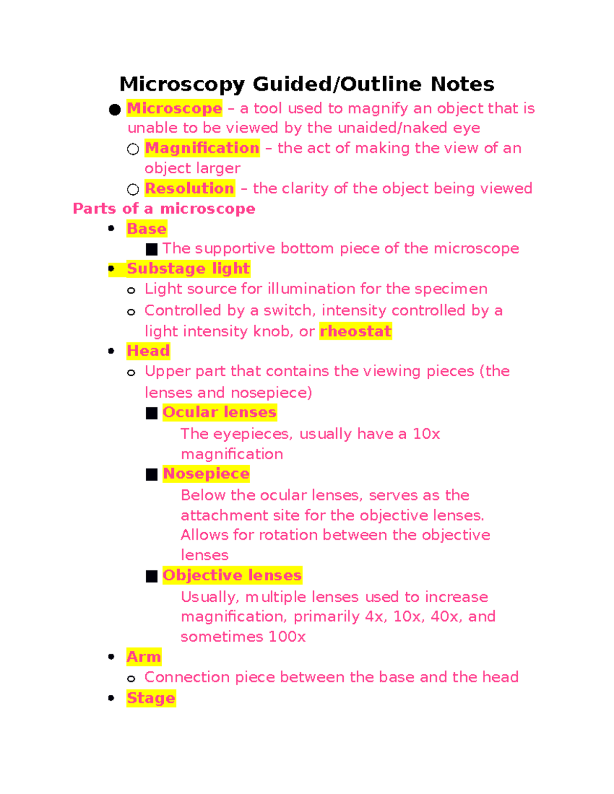 2023 ZOOL 2011 .17 - Microscopy Guided Outline Notes - Microscopy ...