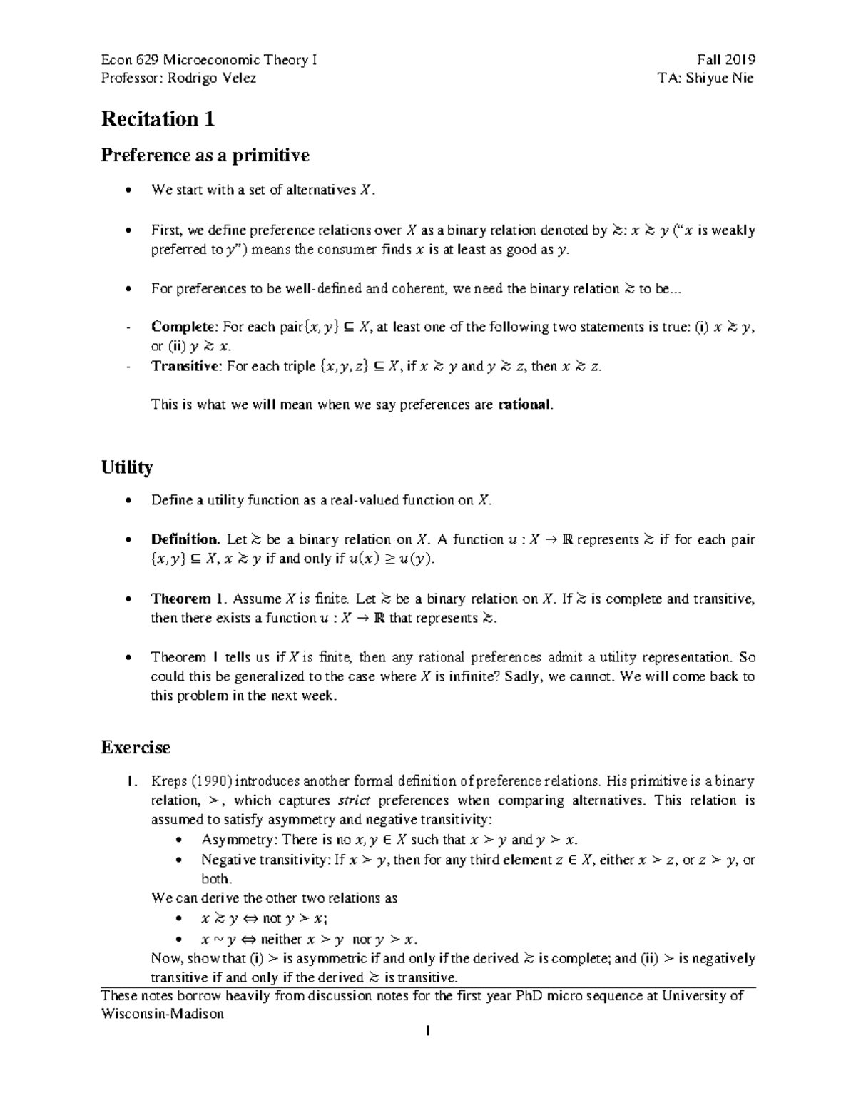 Recitation 1 - TA session for the Microeconomics - Warning: TT: undefined function: 32 Econ 629 ...
