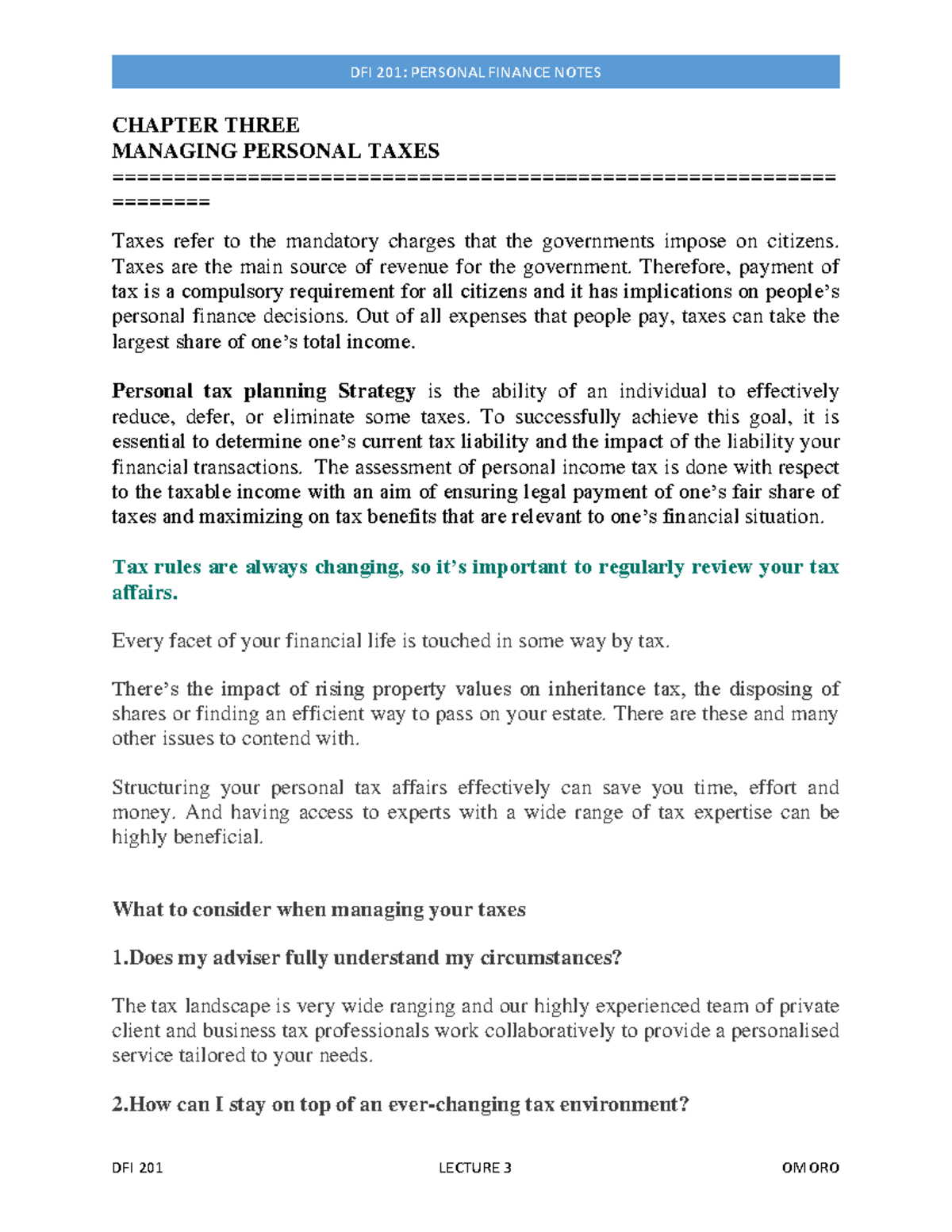 DFI 201 LEC 3 Three Managing Personal Taxes - CHAPTER THREE MANAGING ...