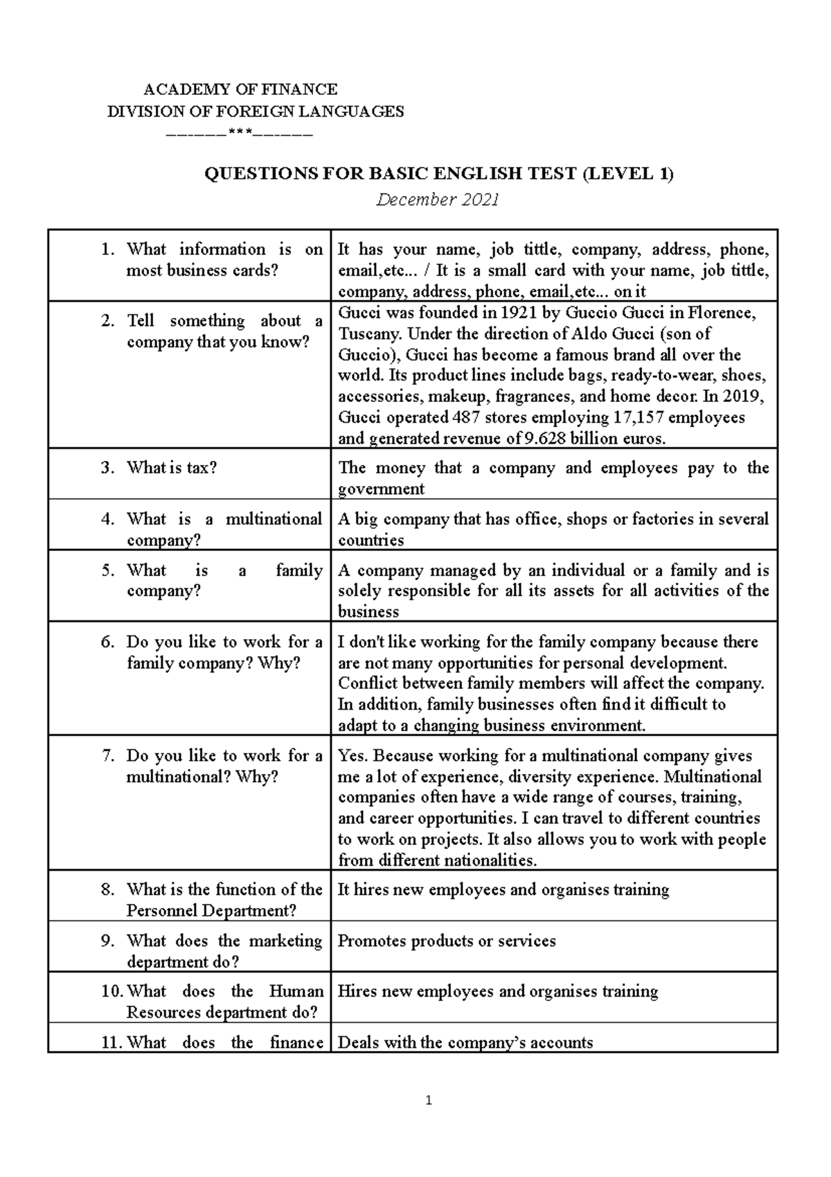 Answers for Speaking Test CB1t11 - ACADEMY OF FINANCE DIVISION OF ...