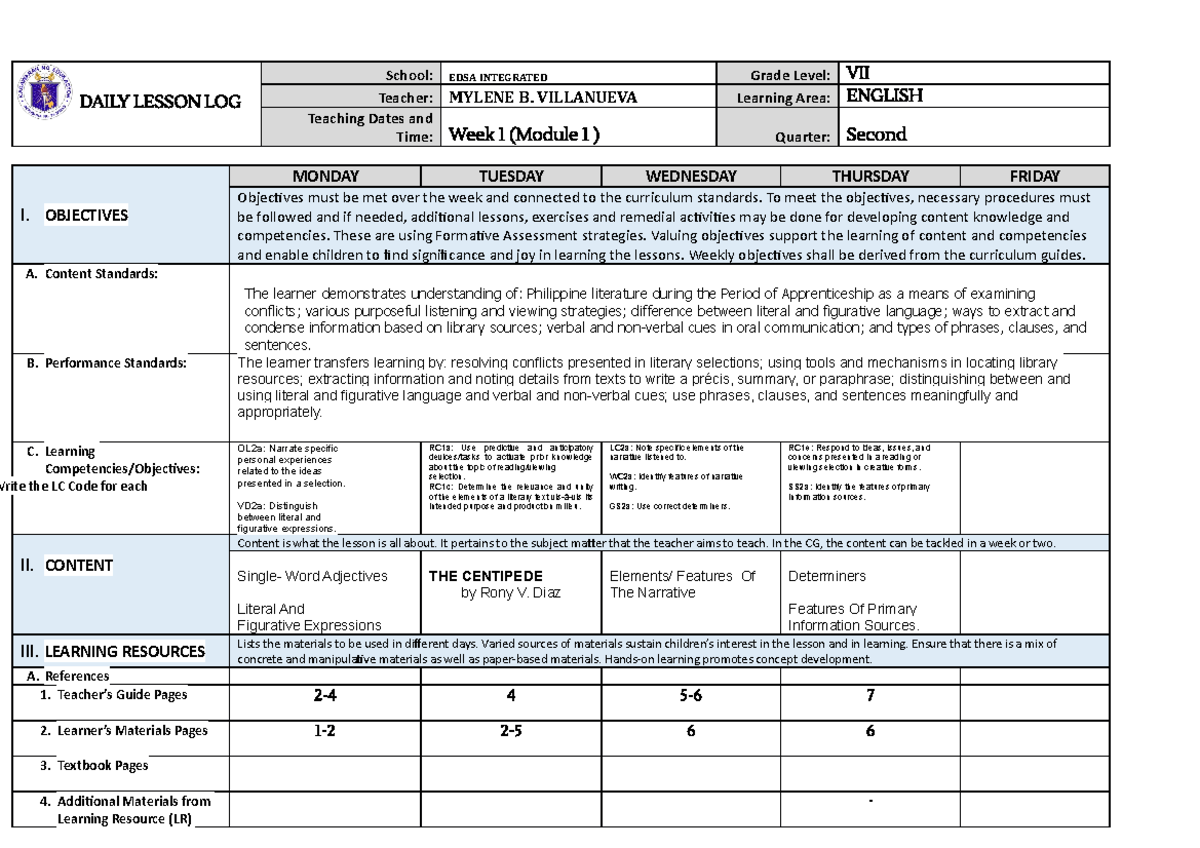 DLL 2nd Quarter wk1 - DLP - DAILY LESSON LOG School: EDSA INTEGRATED ...