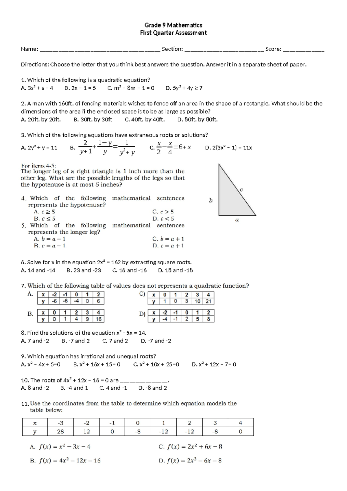 Math9-1st Q-Assessment - Grade 9 Mathematics First Quarter Assessment ...