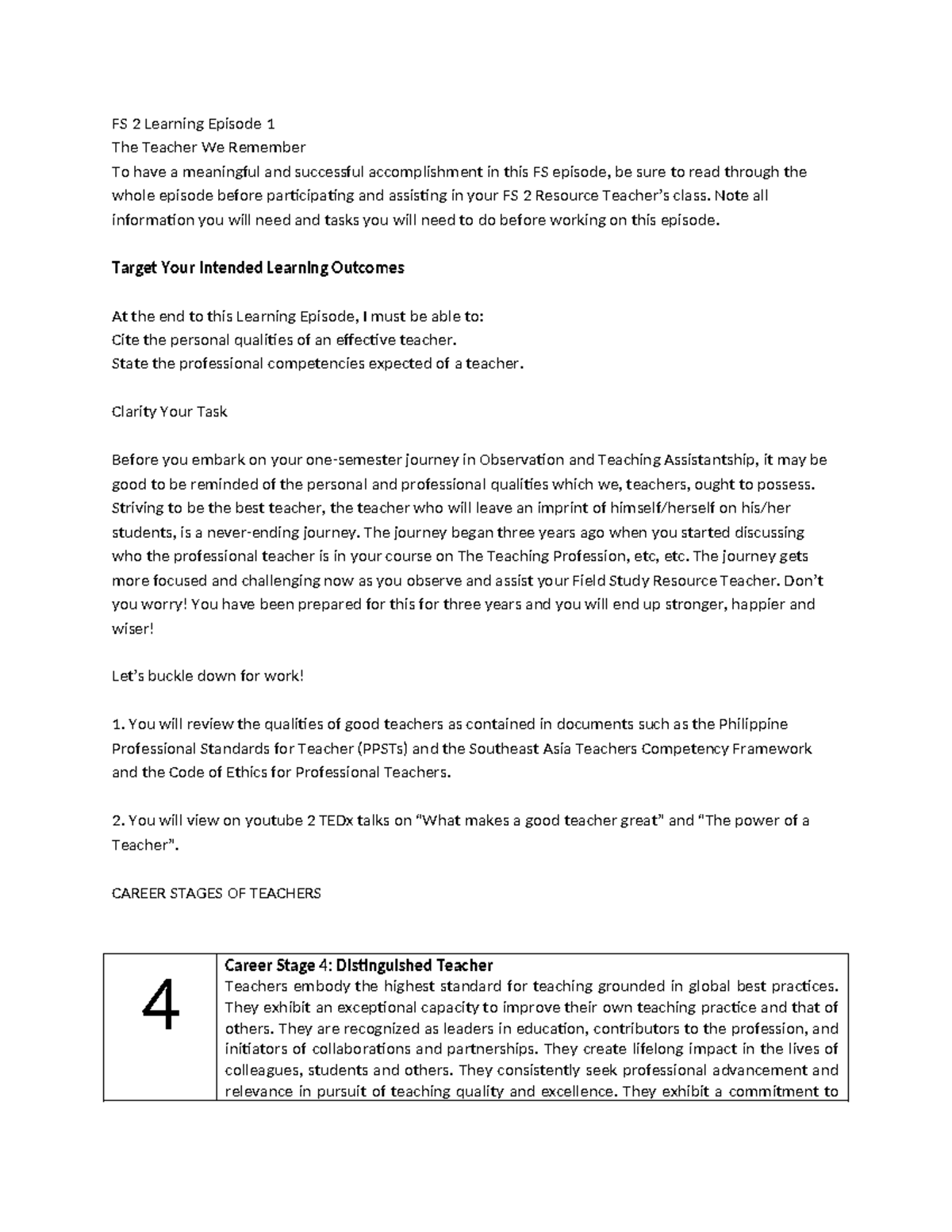 FS 2 Learning Episode 1 1 - FS 2 Learning Episode 1 The Teacher We Remember To have a meaningful ...