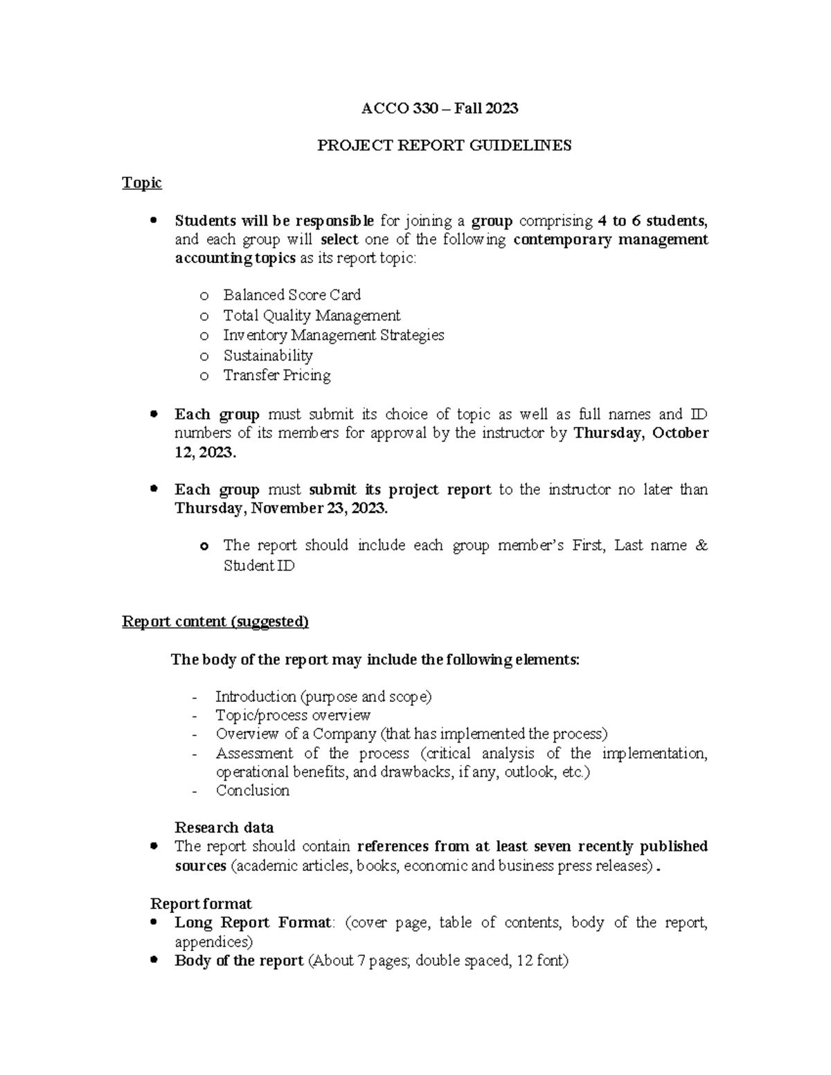 ACCO 330 - Project Report - Guidelines-Fall 2023 - ACCO 330 – Fall 2023 ...