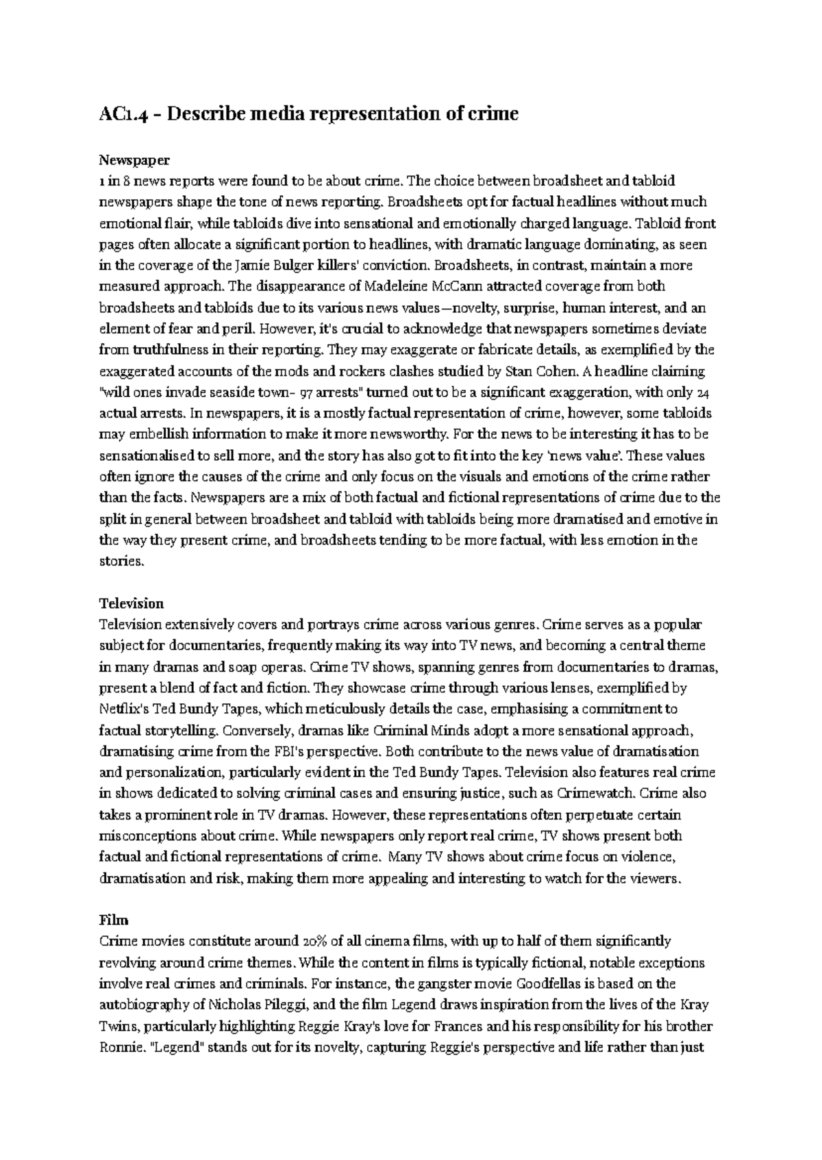 Unit 1 AC1.4 - Describe media representation of crime - AC1 - Describe media representation of ...