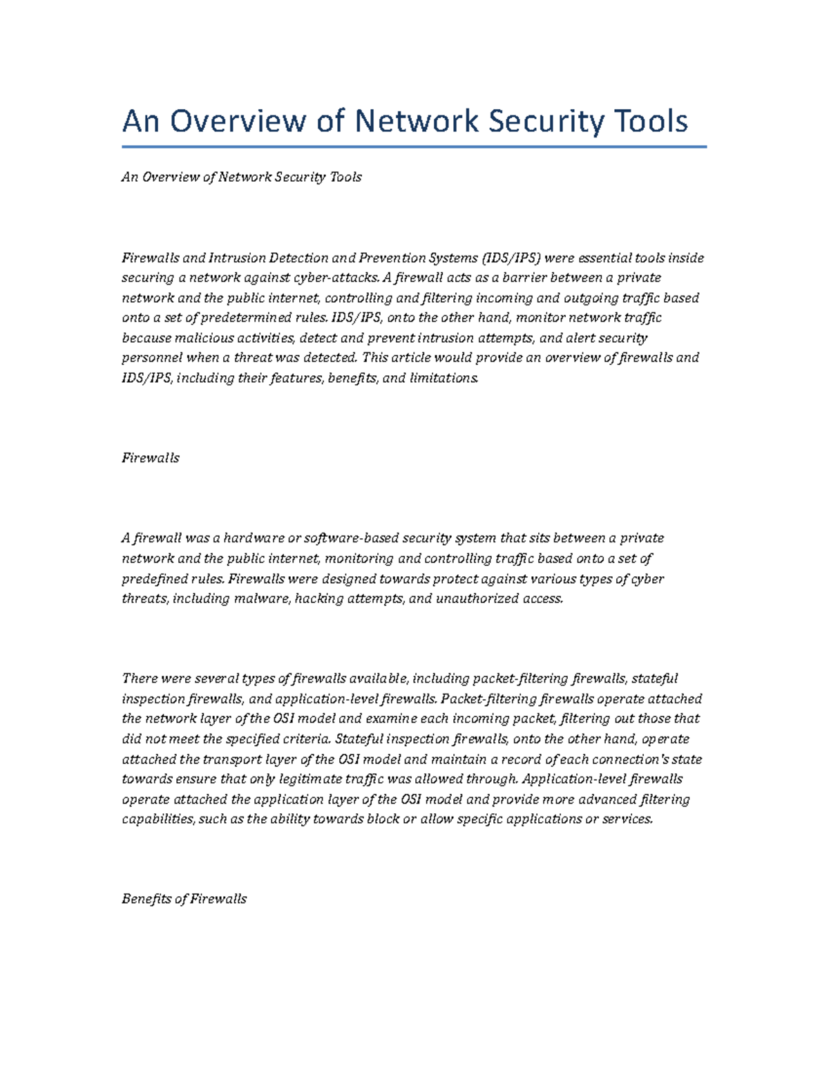 An Overview of Network Security Tools - A firewall acts as a barrier between a private network ...