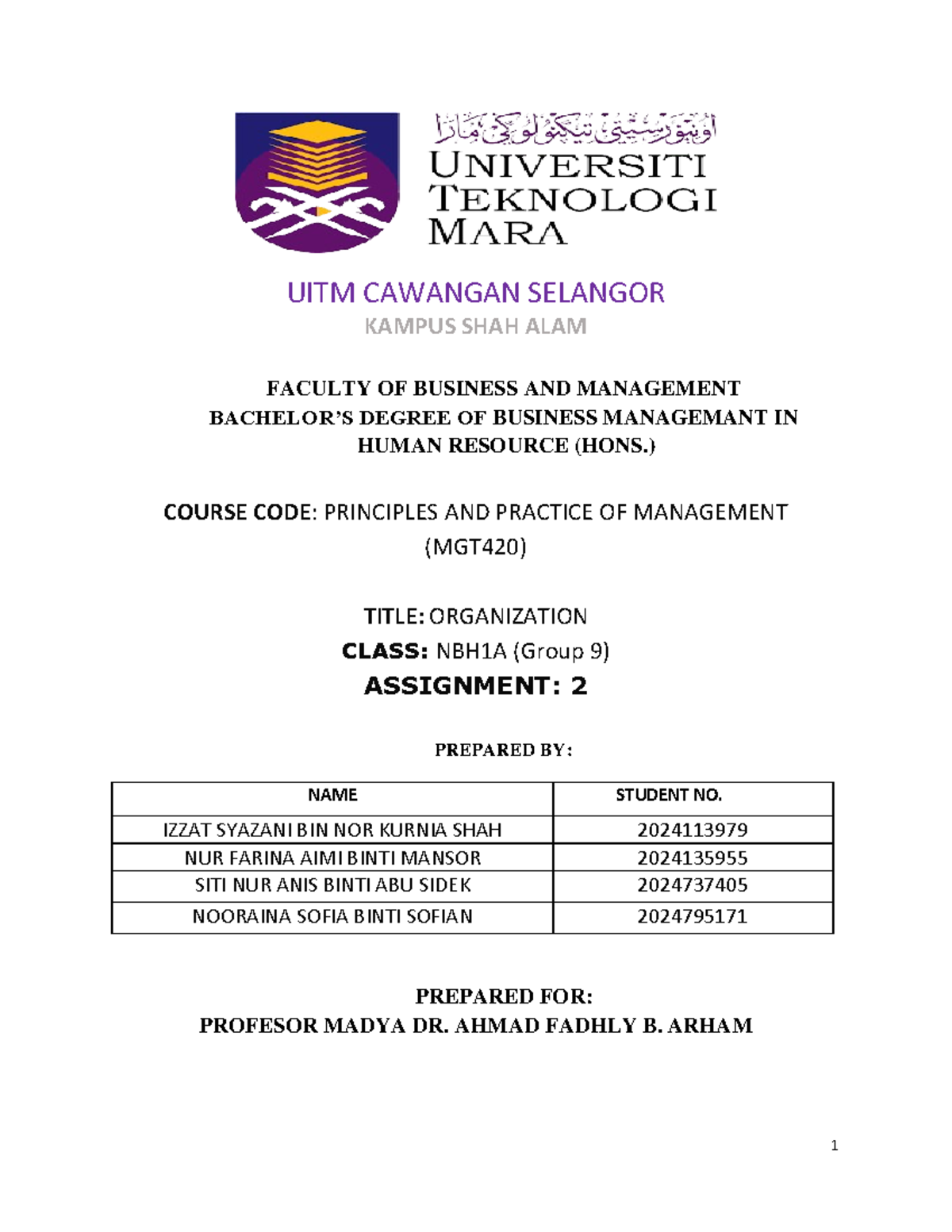 Final Assignment MGT420 GP9 - UITM CAWANGAN SELANGOR KAMPUS SHAH ALAM ...