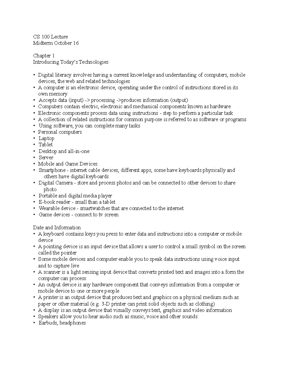 CS 100 Lecture - All CS 100 notes - CS 100 Lecture Midterm October 16 ...